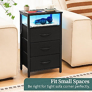 Yoobure Night Stand with Charging Station, 16 Colors LED Nightstand with USB Ports and Outlets, End Table with 3 Fabric Drawers and Storage Shelf, Bedside Tables Small Dresser for Small Space Black