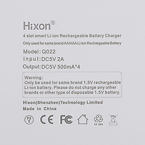 Hixon 4-Bay AA AAA Battery Charger, Q022 Mode for Rechargeable Lithium AA/AAA Batteries,USB Chargr Without Adapter