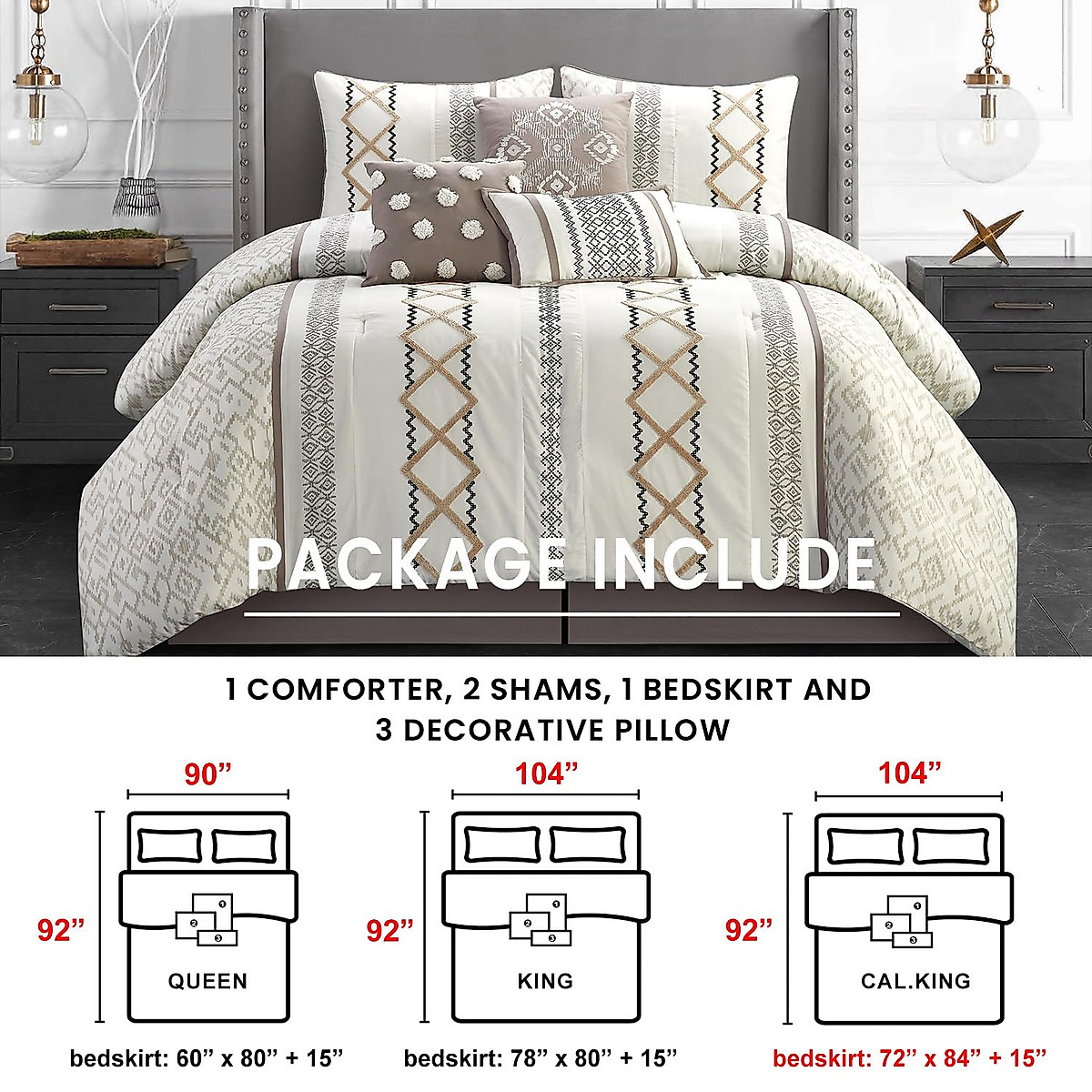 Grand Avenue Luxury 7 Piece Cozy Boho Comforter Set King Beige Embroidered Girls Bedding Premium Microfiber All Season Home Décor