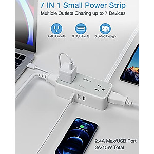 Ultra Thin Flat Extension Cord, TESSAN Surge Protector Flat Plug Power Strip 4 Wide Spaced AC Outlets 3 USB, 900 Joules 5FT Extension Cord for Home Office Dorm