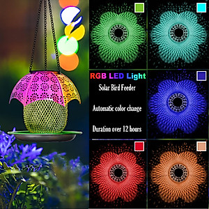 2023 New Solar Bird Feeders - Outdoors Hanging with Automatic Color Changing LED Lights, Metal Wild Bird Feeders Provides 2.5LBs Capacity, Hanging Bird Feeder Makes an Ideal Gifts for Bird Lovers.