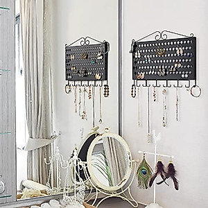 JackCubeDesign Wall Mounted Jewelry Organizer, Earring Necklace Bracelet Holder Display Hanger with 117 Holes & 12 Hooks (Black, 16.54 x 12.2 x 0.75 inches) - MK319A