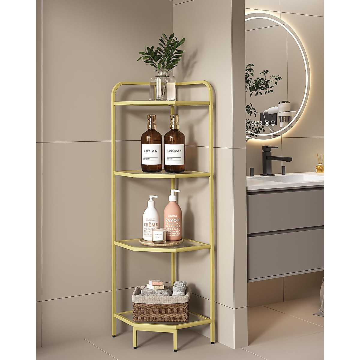 Hzuaneri Corner Shelf Stand, Glass Bookshelf Bookcase, Bathroom Organizer, Plant Stand, Steel Frame, Tempered Glass, Modern Style for Living Room, Bathroom, Kitchen, 4-Tier Golden CS90400G