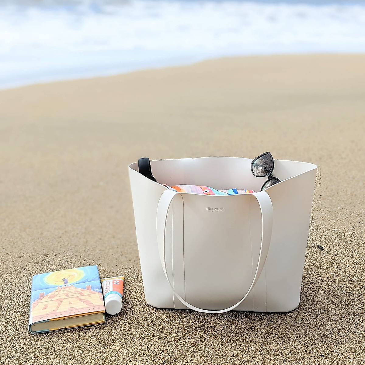 Bellwood Silicone Tote Shoulder Bag for Shopping Grocery Beach Pool Camping, Minimalism Standable Waterproof Washable, White