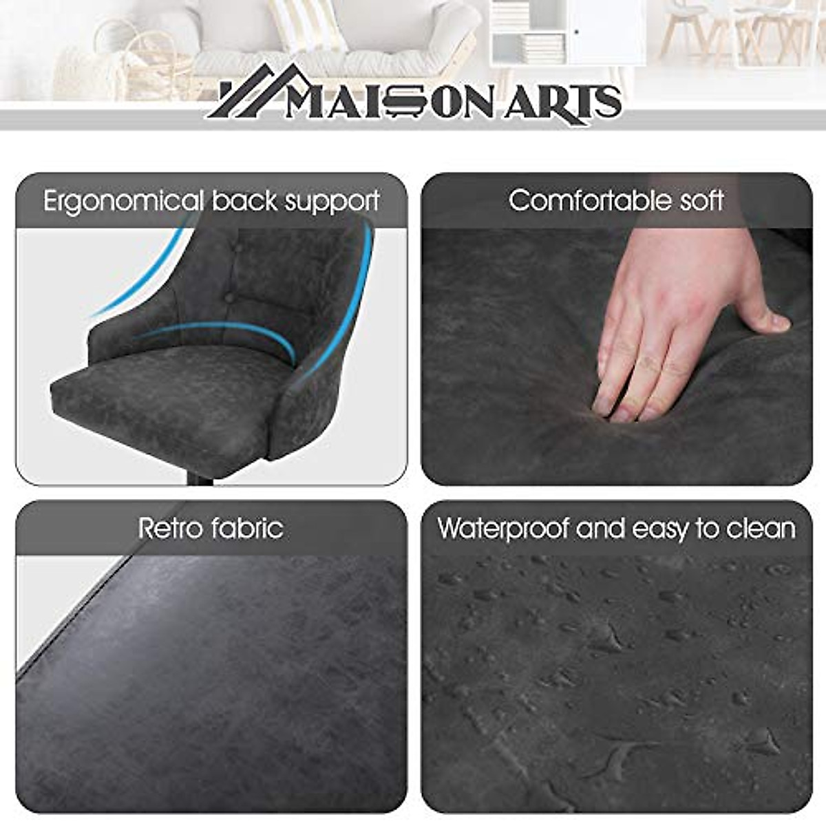 MAISON ARTS Swivel Adjustable Bar Stool with Back for Kitchen Counter Padded Counter Height Faux Leather Bar Chair with Heavy Duty Base for Pub Cafe Dining, 300LBS Weight Capacity, Grey, 1 Stool