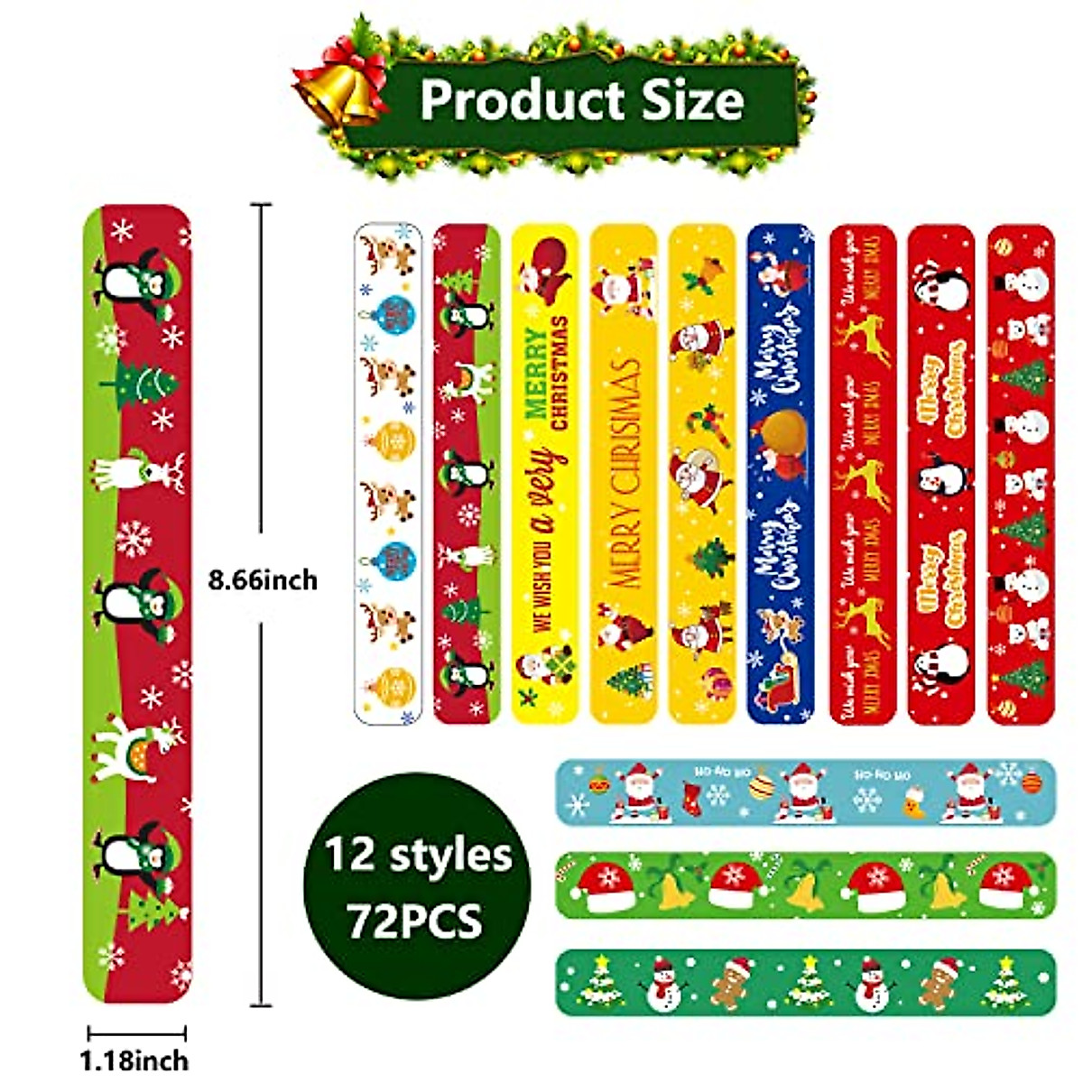 MSEAANBK 48 PCS Christmas Slap Bracelets, Christmas Toys for Kids Boys Girls, Xmas Santa Reindeer Snap Bracelet for Kids Christmas Stocking Stuffers Bag Filler Party Favor Supply