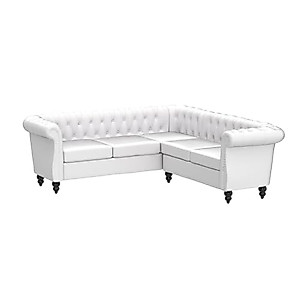 RARZOE Chesterfield L Shaped Sectional Sofa Couch, Deep Button Tufted Velvet Upholstered Rolled Arm Classic Chesterfield Settee Sofa, Modern 5 Seater Couch Furniture for Living Room, White