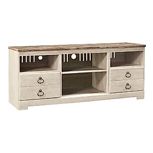 Signature Design by Ashley Willowton Farmhouse TV Stand With Fireplace Option Fits TVs up to 62" with 2 Drawers and 2 Storage Cubbies, Whitewash