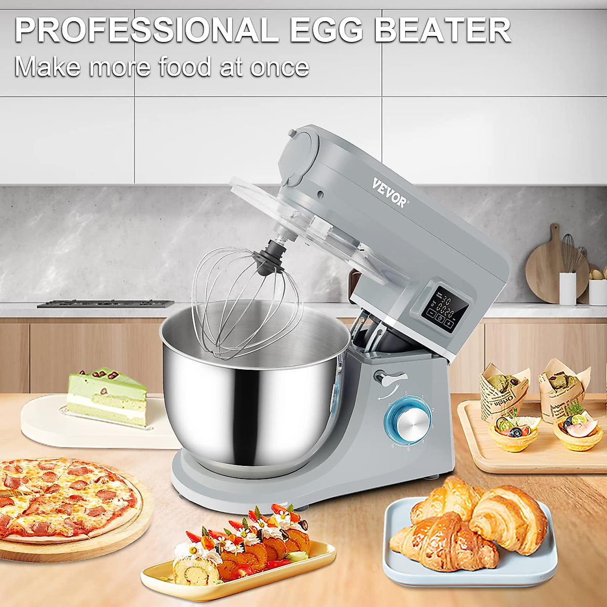VEVOR 5 IN 1 Stand Mixer, 660W Tilt-Head Multifunctional Electric Mixer with 6 Speeds LCD Screen Timing, 7.4 Qt Stainless Bowl, Dough Hook, Flat Beater, Whisk, Scraper, Meat Grinder, Juice Cup - Gray