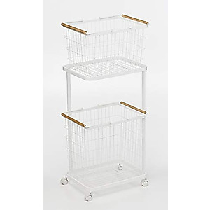 Yamazaki Home Laundry Basket Wagon-Large Storage Hamper Organizer | Steel + Wood | Short | Rolling Carts, White
