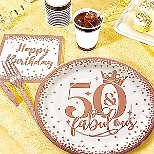 GREPARPY 50th Birthday Decorations Women Tableware - Rose Gold 50 And Fabulous Birthday Decorations Dinnerware, Fifty Birthday Plate, Napkin, Fork, Her 50-Year-Old Birthday Party Supplies | Serve 24