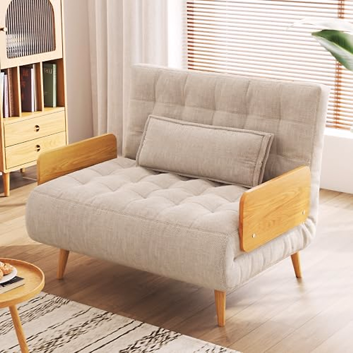 JASIWAY 3-in-1 Convertible Chair Bed Sleeper for Adults, Linen Convertable Sleeper Chair with Wooden Arms & Pillows, Foldable Single Futon Sofa Bed for Small Spaces, Mid Century, 76.6" D x 36.6" W