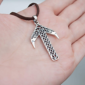Viking Rune Tiwaz Necklace - 925 Sterling Silver - Tyr Pendant with Celtic Knot and Raven Heads - Norse Mythology Amulet - Nordic Scandinavian Runic Jewelry for Men Women