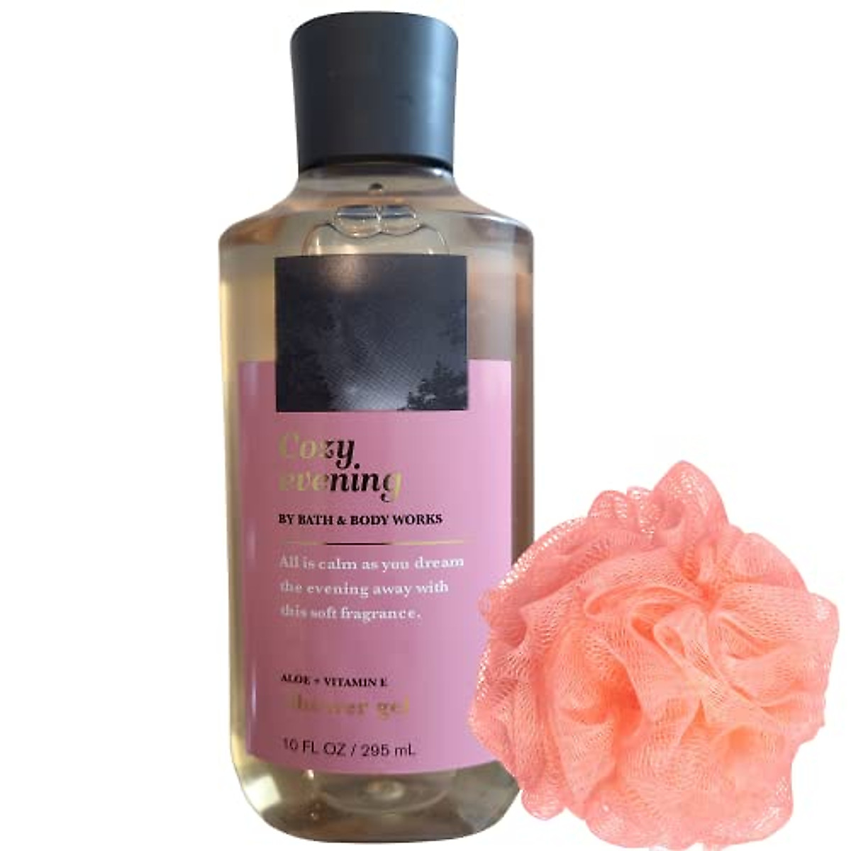 Bath and Body Works Gift Set Bundle with Shower Gel Soap and Loofah Sponge Pouf - (Cozy Evening)