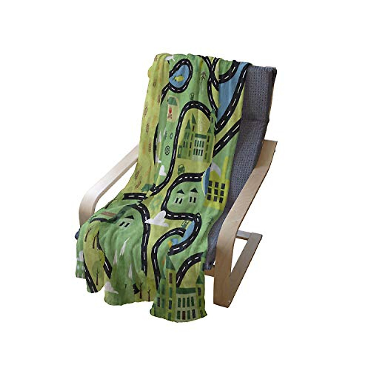 Ambesonne Cartoon Throw Blanket, Aerial View of Coastal Suburbs with Roads Style Hot Air Balloon Windmill, Flannel Fleece Accent Piece Soft Couch Cover for Adults, 50" x 70", Multicolor