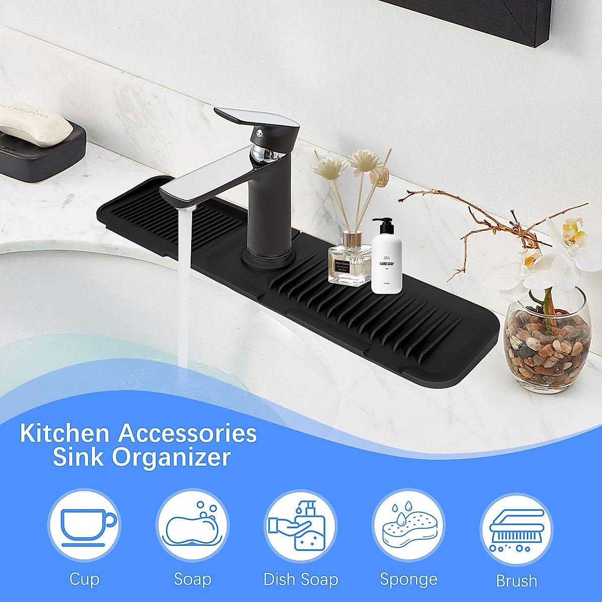 Joyhalo 24 Inches Kitchen Sink Splash Guard for Kitchen Sink Area, 5 Slope Sink Mats and Protectors, Kitchen Faucet Splash Guard, Faucet Drip Catcher Tray for Kitchen Sink Accessories, Black