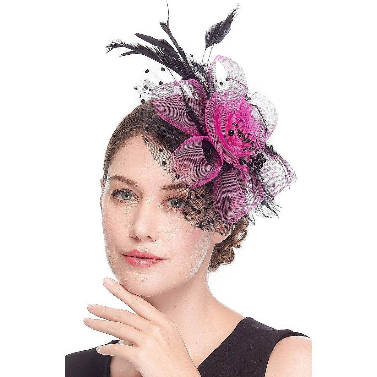 Fascinators for Women Tea Party Headband Kentucky Derby Wedding Cocktail Flower Mesh Feathers Hair Clip (Rose &Black)