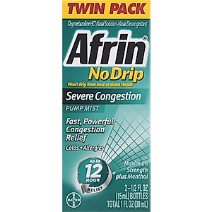 Afrin No Drip Severe Congestion Maximum Strength Nasal Spray - 12 Hour Nasal Spray Relief for Nose Congestion, Nasal Swelling, and Allergies - 2 x 0.5 Fl Oz Bottles - Pack of 1