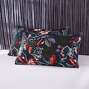 LAMEJOR Duvet Cover Set Queen Size Red Floral/Striped Bedding Set Comforter Cover (1 Duvet Cover+2 Pillowcases)