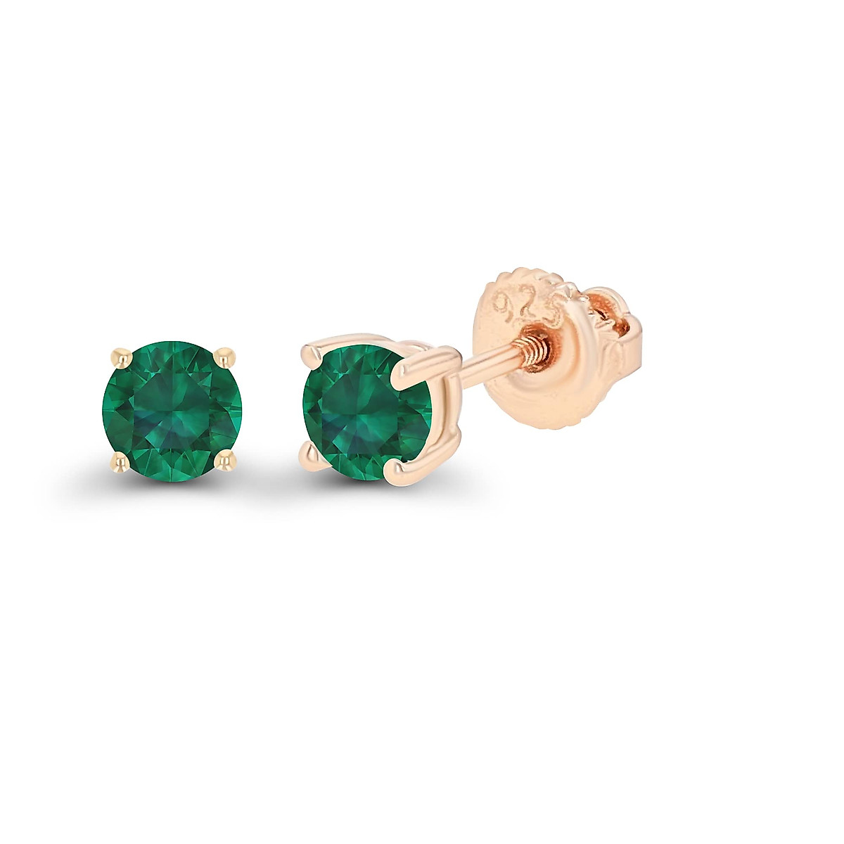 14K Yellow Gold Plated Sterling Silver 4mm Round Created Green Emerald May Birthstone Screwback Stud Earrings