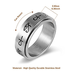 HZMAN Man Women Egypt Eye of Horus Ankh Cross Rotating Fine Tuning Stainless Steel Ring (Silver,9)