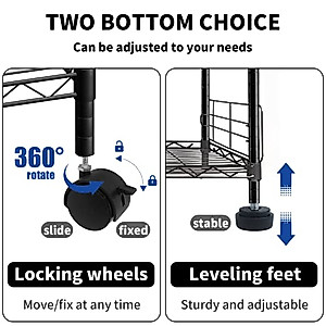 Hestiasko 5 Tier Storage Shelf with 2 Rotatable Shelves, Adjustable Storage Rack with 5 Hooks, Metal Shelf Rack, Standing Shelving Units for Bathroom, Kitchen, Garage[59.1"H x 21.7"W x 11.8"D]-Black