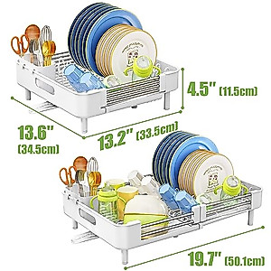 Kitchen Counter Dish Drainers Rack, Auto-Drain Expandable(13.2"-19.7") Stainless Steel Large Strainers Over Sink Drying Rack Drainboard with Utensil Holder Caddy Organizer, White