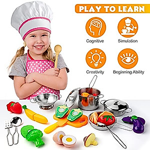 Tigerhu 26PCS Play Kitchen Accessories, Kitchen Pretend Play Cooking Toys w/ Stainless Steel Cookware, Apron & Chef Hat,Pots and Pans Set, Cutting Foods, Great Learning Gifts for Toddler & Boys Girls