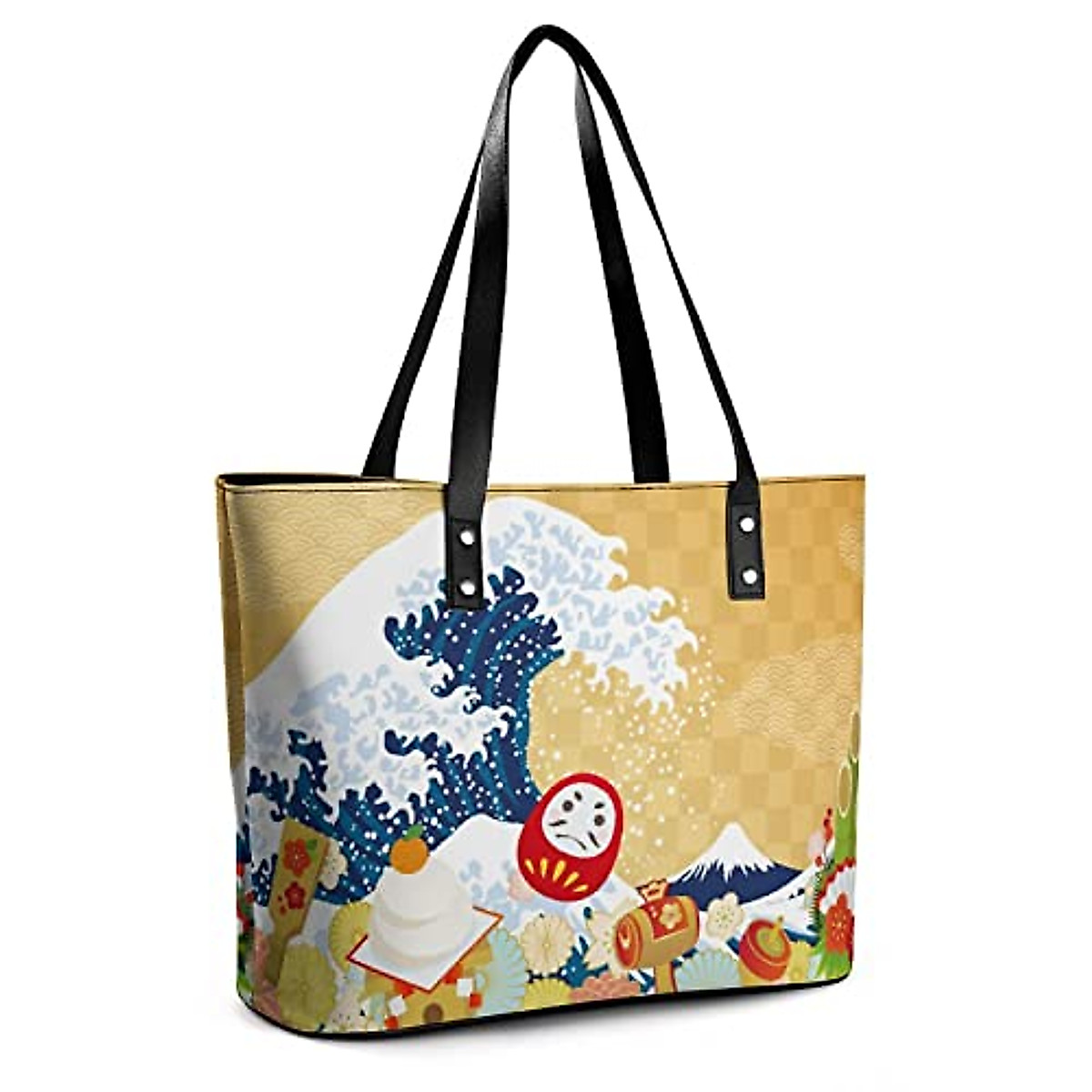 Womens Handbag Japanese Elements Japan Wave Leather Tote Bag Top Handle Satchel Bags For Lady