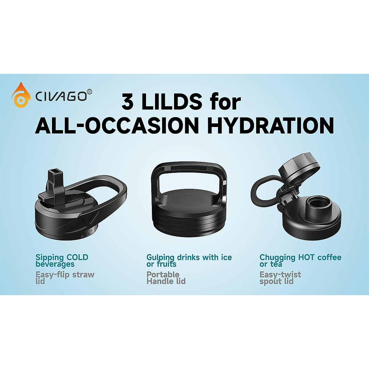 CIVAGO 32 oz Insulated Water Bottle With Straw, Stainless Steel Sports Water Cup Flask with 3 Lids (Straw, Spout and Handle Lid), Wide Mouth Travel Thermal Mug, Cool Gray