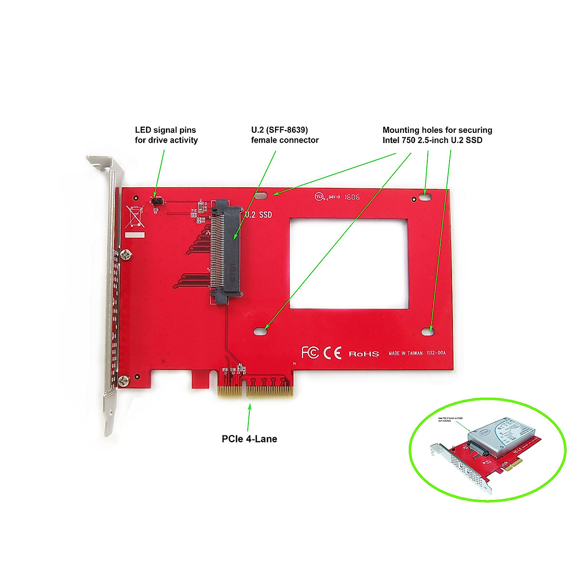 Ableconn PEXU2-132 NVMe 2.5-inch U.2 (SFF-8639) SSD PCIe 4.0 x4 Carrier Adapter Card - for 2.5-inch U.2 NVMe SSD - U.2 to PCIe - PCIe Adapter for U.2 Drive