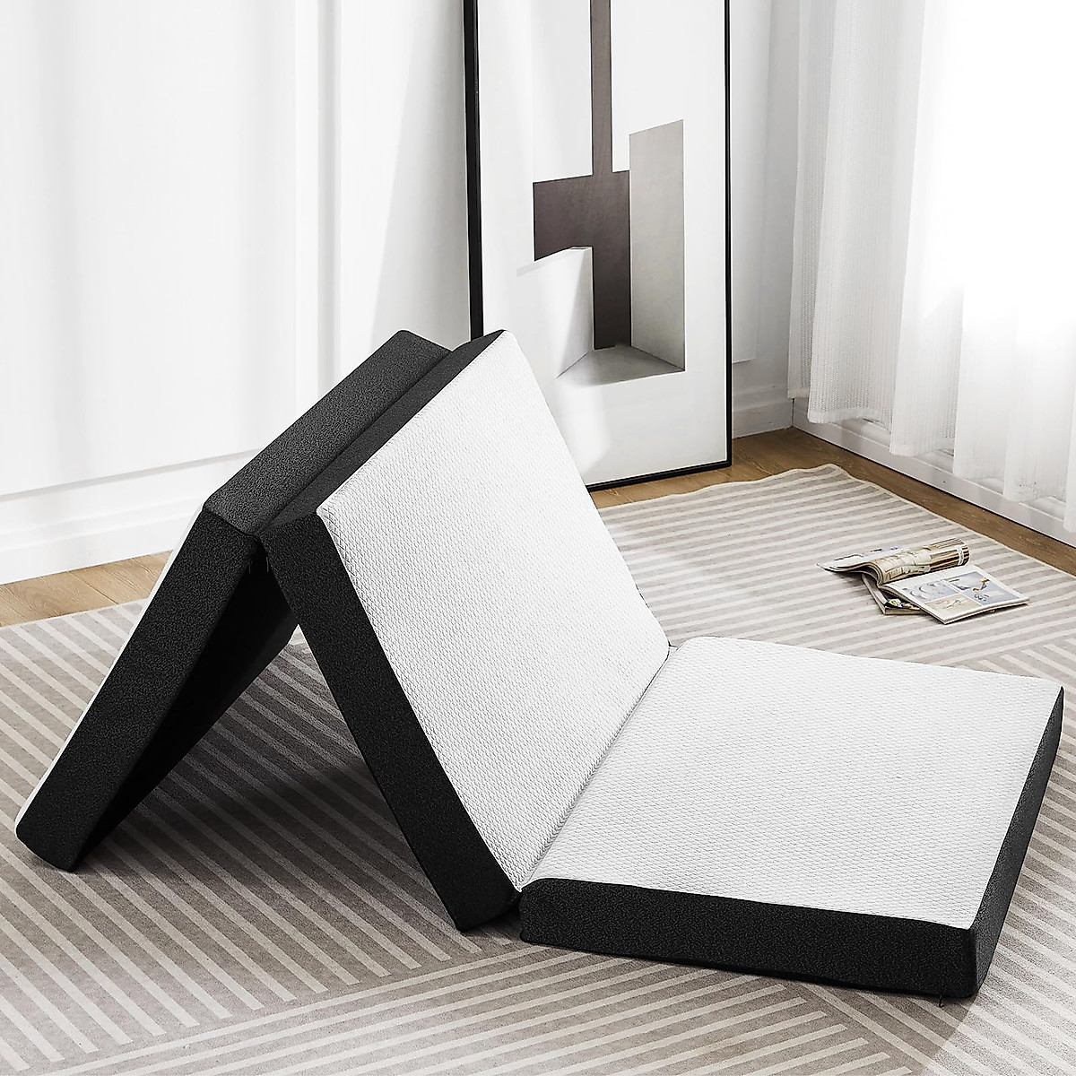 Sweetcrispy Folding Mattress, 4 inch Tri-fold Memory Foam Mattress Topper for Camping, Foldable Mattress Topper with Washable Cover, Guest - Twin Size, White