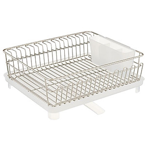mDesign Large Metal Wire Kitchen Countertop, Sink Dish Drying Rack - Removable Plastic Cutlery Tray, Drainboard with Adjustable Swivel Spout - 3 Pieces - Satin/Clear Frost