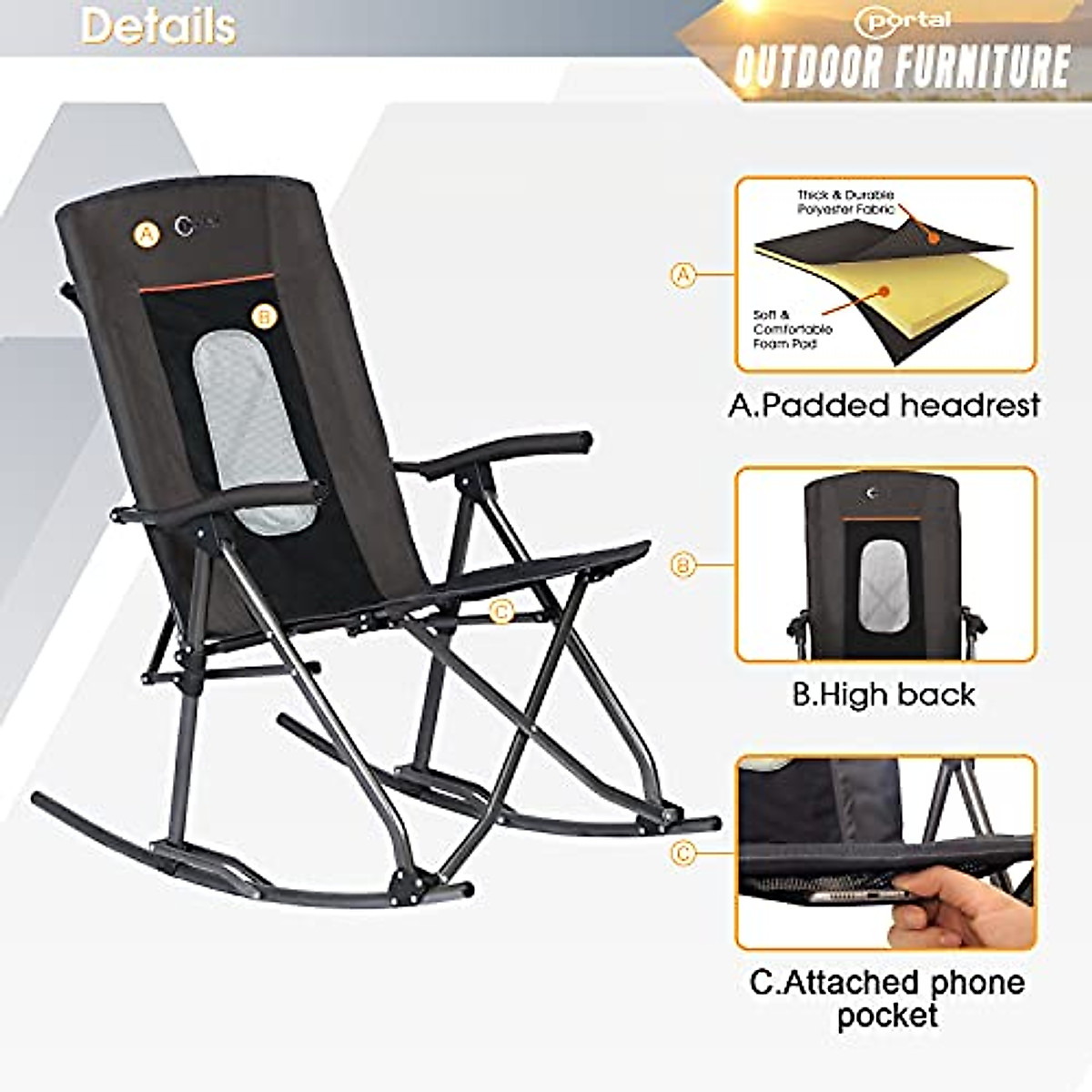 PORTAL Folding Camping Rocking Chairs Outdoor Mesh Patio Rocker Recliner Chairs with High Back Hard Armrest Support 300 lbs, Black