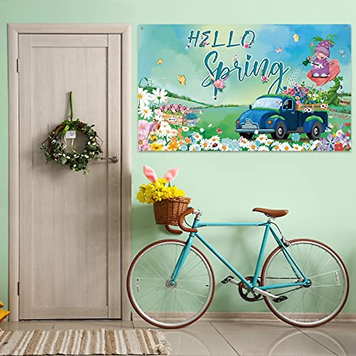 Hello Spring Decorations Spring Easter Photography Banner Gnome Blue Truck Daisy Backdrop Butterfly Flowers Background for Holiday Photo Prop Booth Indoor Outdoor, 43.3'' x 72.8''