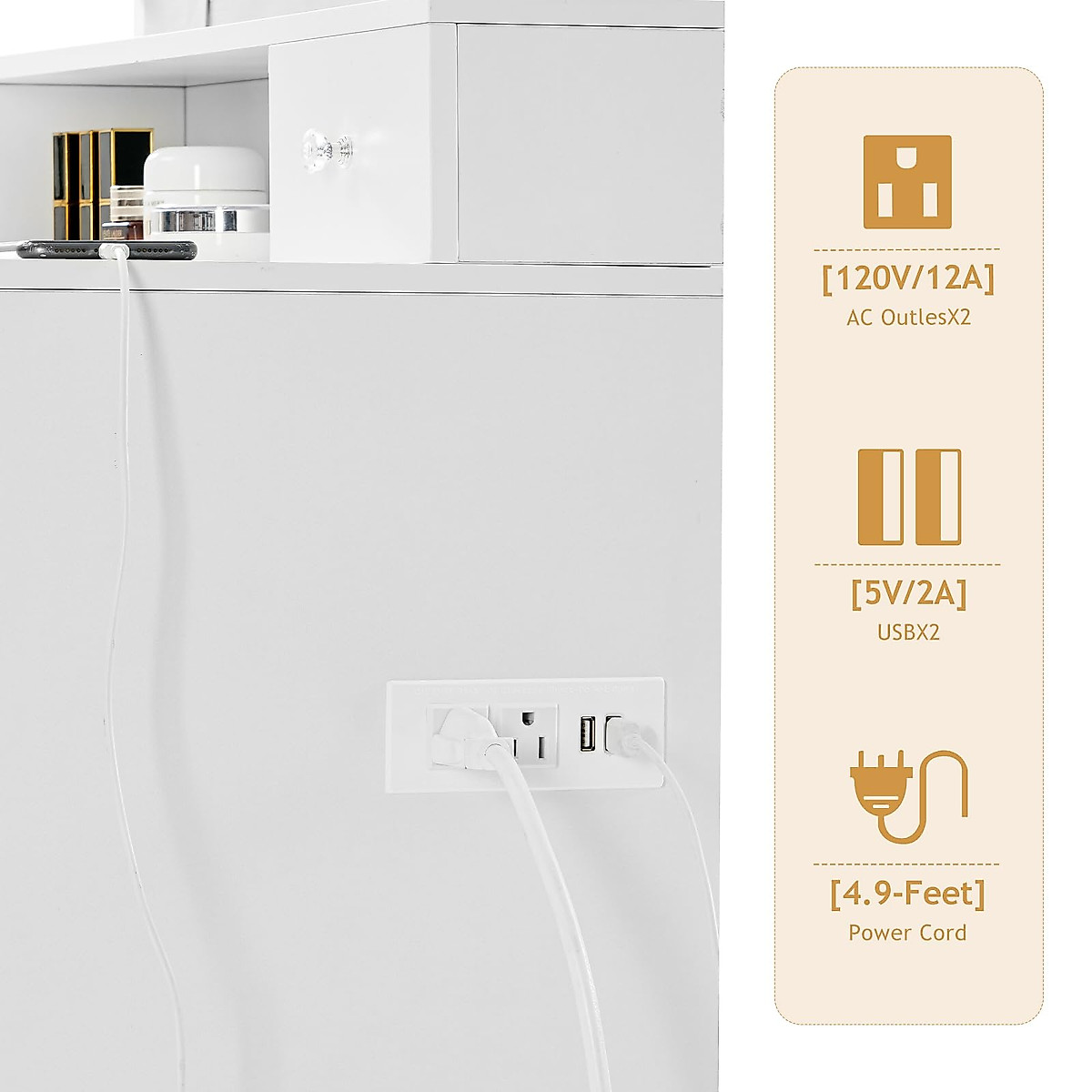 Quimoo Vanity Desk Set with LED Tri-Fold Lighted Mirror & Power Outlet, Makeup Vanity Table with 4 Drawers, Cushioned Stool, for Bedroom, Bathroom, White