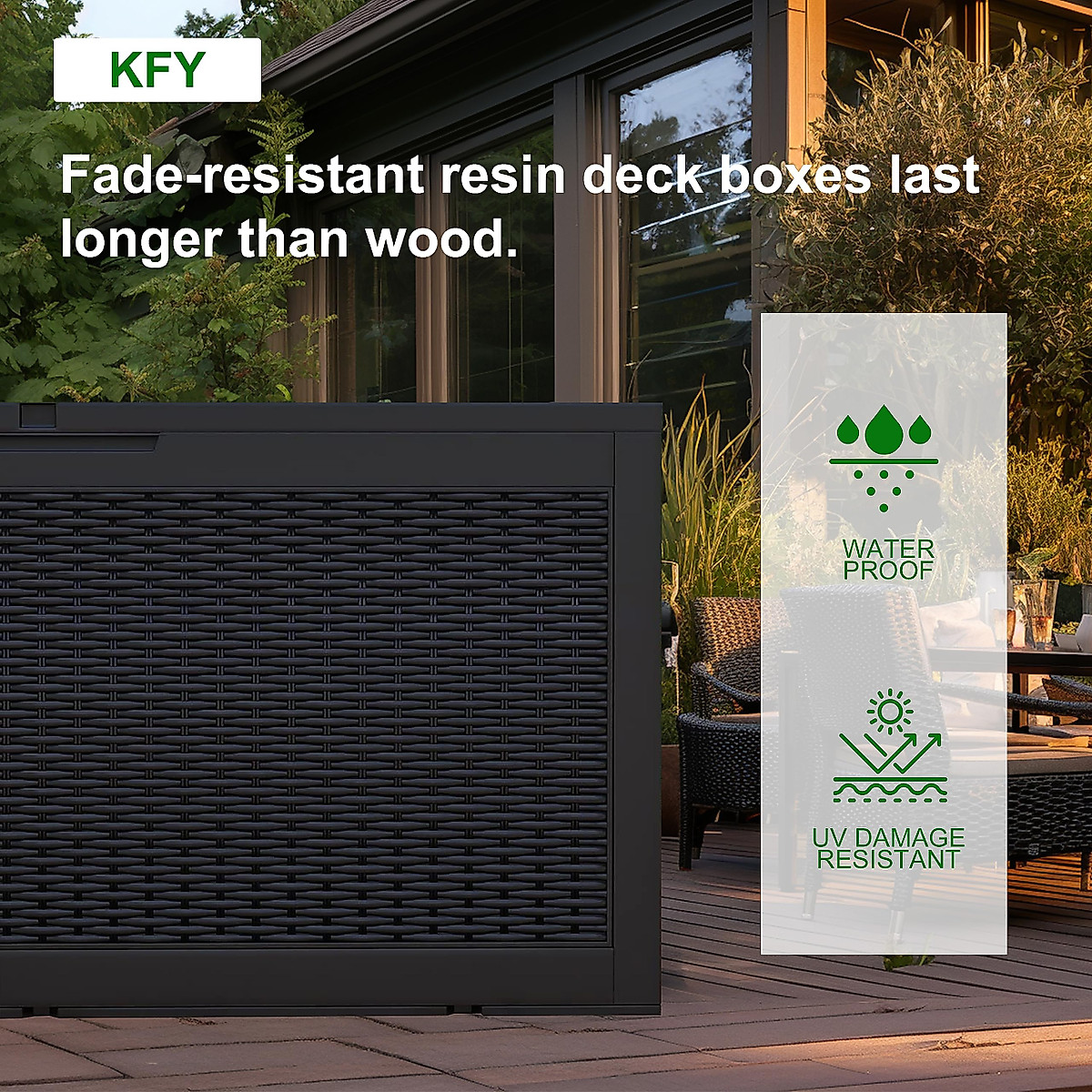 KFY deck box,100-gallon indoor and outdoor storage box made of waterproof and sun-resistant resin material, meeting storage needs for the living room, patio, swimming pool, and toolshed（black）