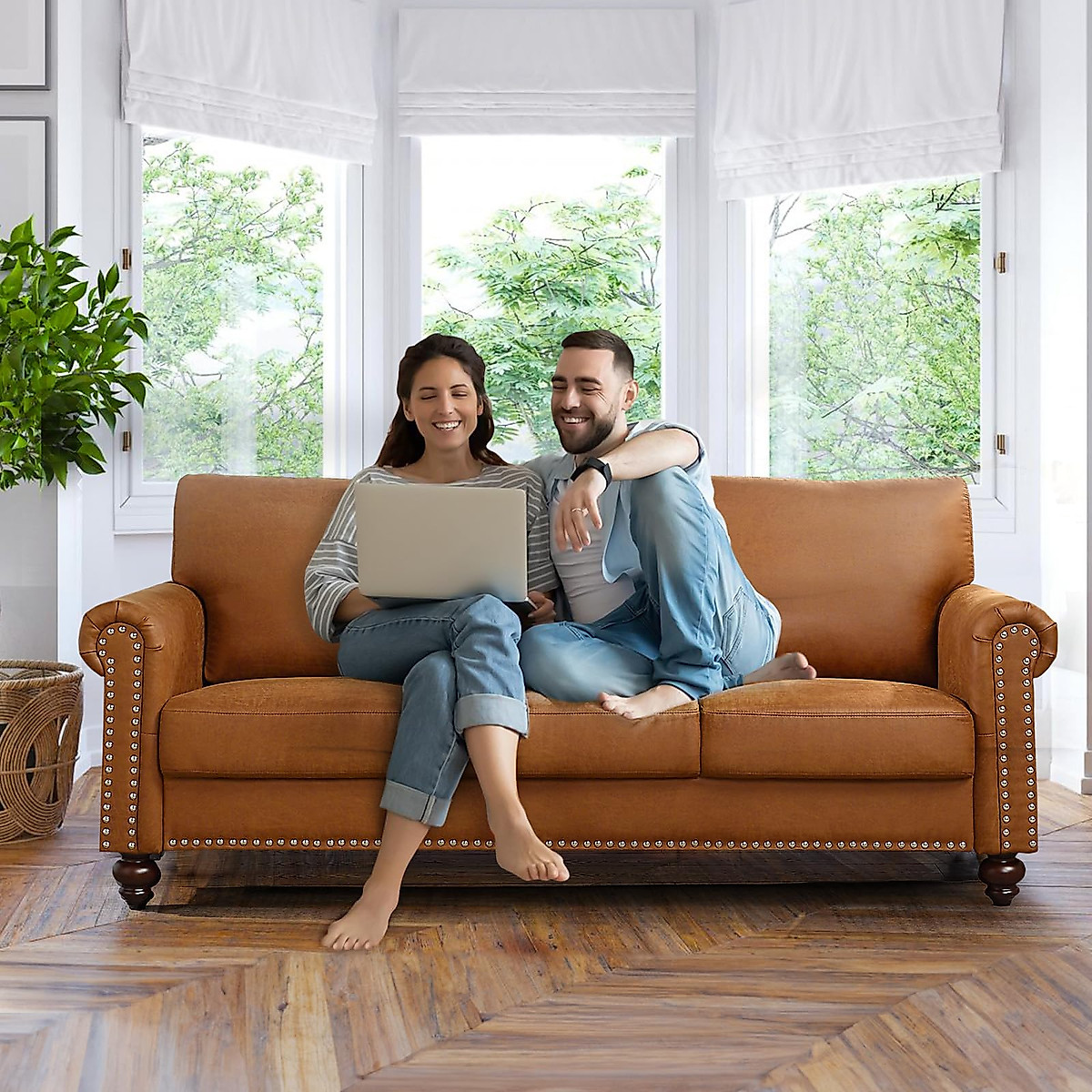 80'' Brown Leather Sofa Couch with Nailhead Trim, Mid Century Modern 3 Seater Couch Comfy Sofa Loveseat Love Seat with Extra Deep Seat and Rolled Arm Couches for Living Room, Bedroom, Office