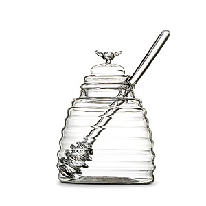 Frjjthchy Clear Borosilicate Glass Honey Jar Pot with Dipper and Dustproof Lid for Home Kitchen
