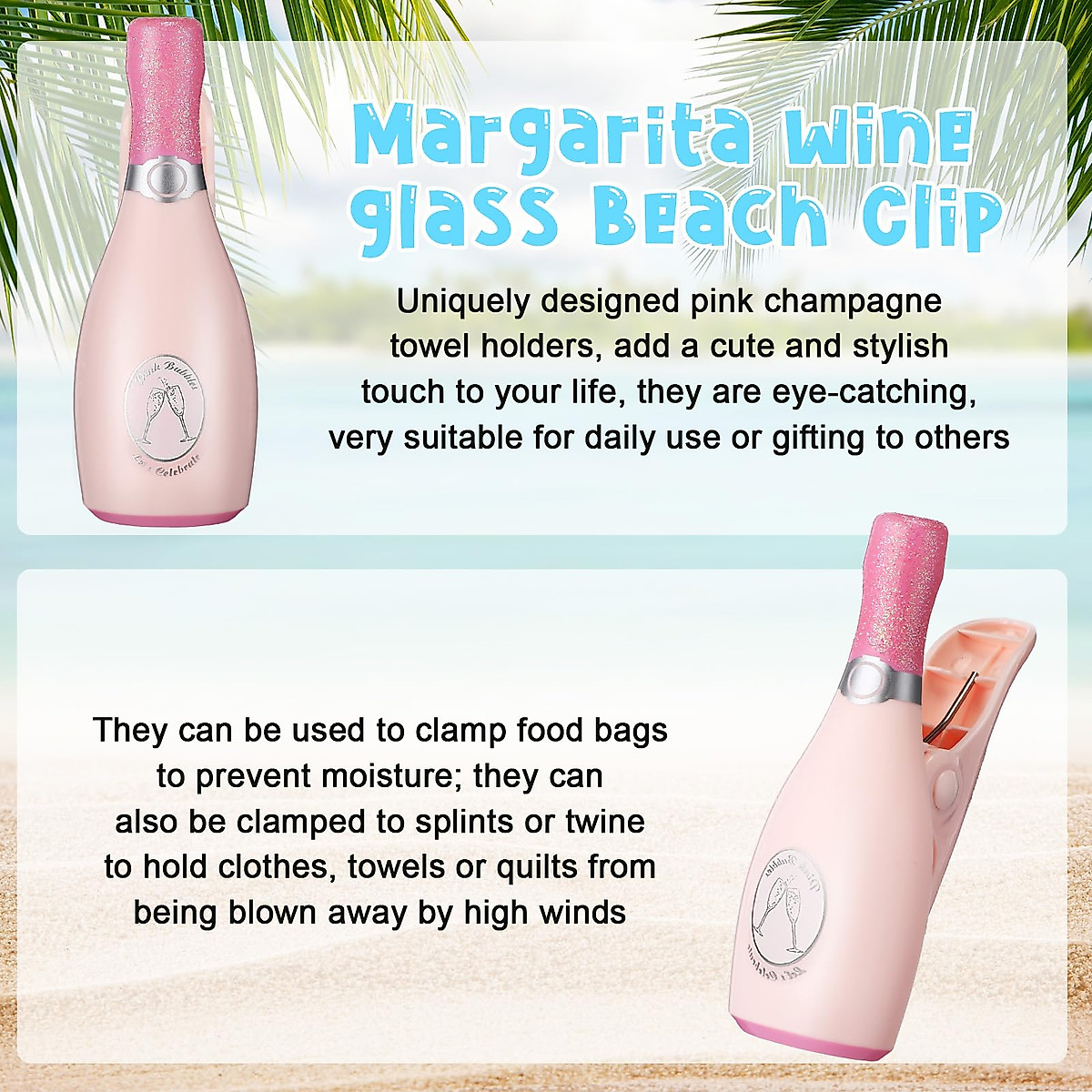 4 Packs Beach Towel Clips for Chairs Colorful Champagne and Margarita Glass Clips Holder Clothes Pegs for Summer Patio and Pool Cruise Lounger Accessories (Champagne)