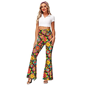 Flare Pants for Women Floral Bell Bottom 70s Hippie Pants High Waist Groovy Boho Yoga Pants XS