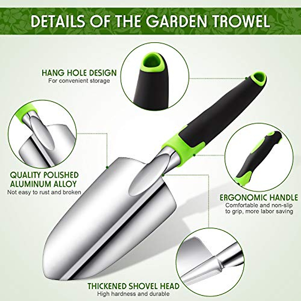 Garden Hand Shovel Garden Trowel Gardening Hand Tools Set with Soft Rubberized Non-Slip Handle Aluminum Alloy Planting Tools for Planting, Transplanting, Weeding, Moving and Smoothing (Yellow, Green)