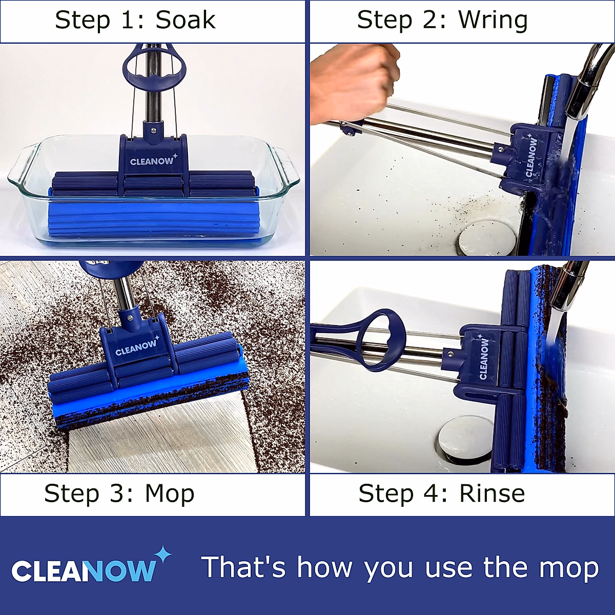 Cleanow OneTouch GO! Floor Cleaner - Floor Mop with Wringing Function - Sponge Mop for Cleaning Floors - PVA Sponge and Stainless Steel Handle
