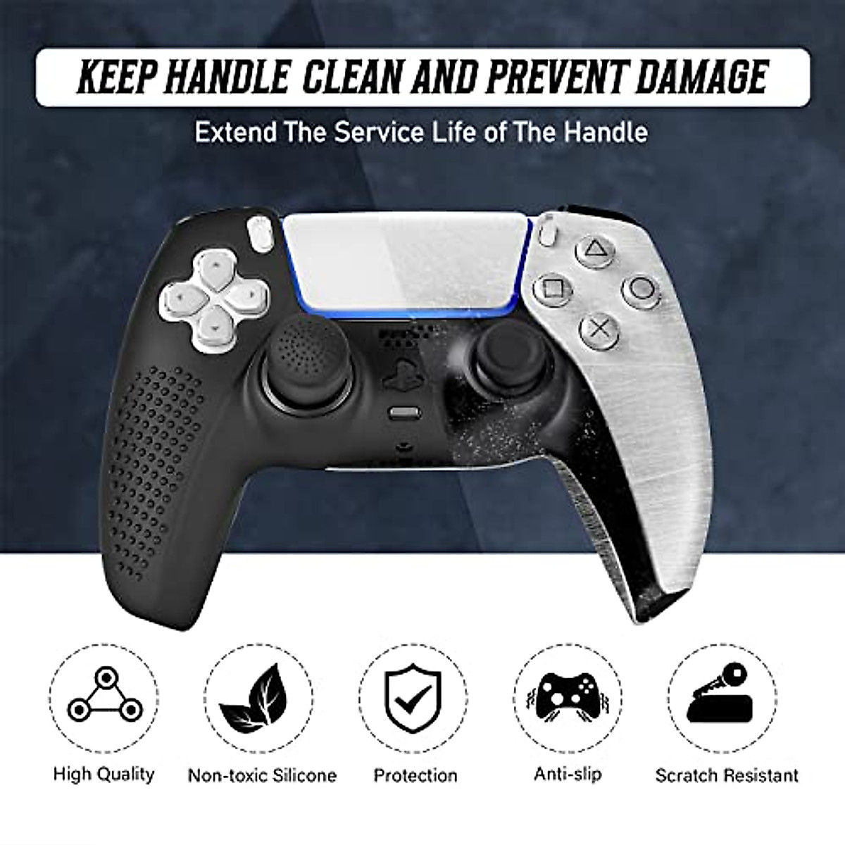 FAMOMI PS5 Controller Skin, Anti-Slip Soft Silicone Protective Cover Case for Playstation 5 Dualsense Controller Grip Accessories, 2 Pack with 8 x Thumb Grip Caps (Black&White)