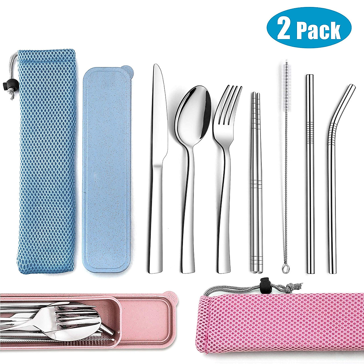 LIANYU 2 Pack Travel Silverware Set, 18-Piece Portable Utensils Flatware Set with Blue and Pink Case Bag, Reusable Cutlery Set for School Office Camping, Dishwasher Safe