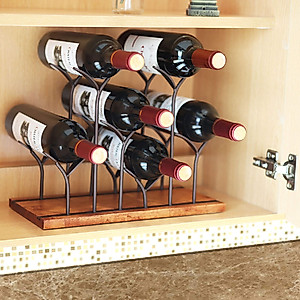 ALLCENER Countertop Bottle Rack, Tabletop Wood Bottle Holder, Hold 6 Bottles, Perfect for Home Decor & Kitchen Storage Rack, Bar, Cellar, Cabinet, Pantry, etc, Wood & Metal (Bronze)