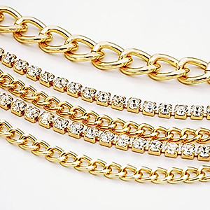 Glamorstar Multilayer Chain Belts for Women Rhinestone Waist Belt Punk Gorgeous Chain for Ladies Dresses Gold 110CM