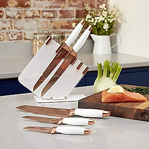 TOWER Damascus Effect Kitchen Knife Set with Stainless Steel Blades and Acrylic Stand, 5 Piece, Rose Gold/White