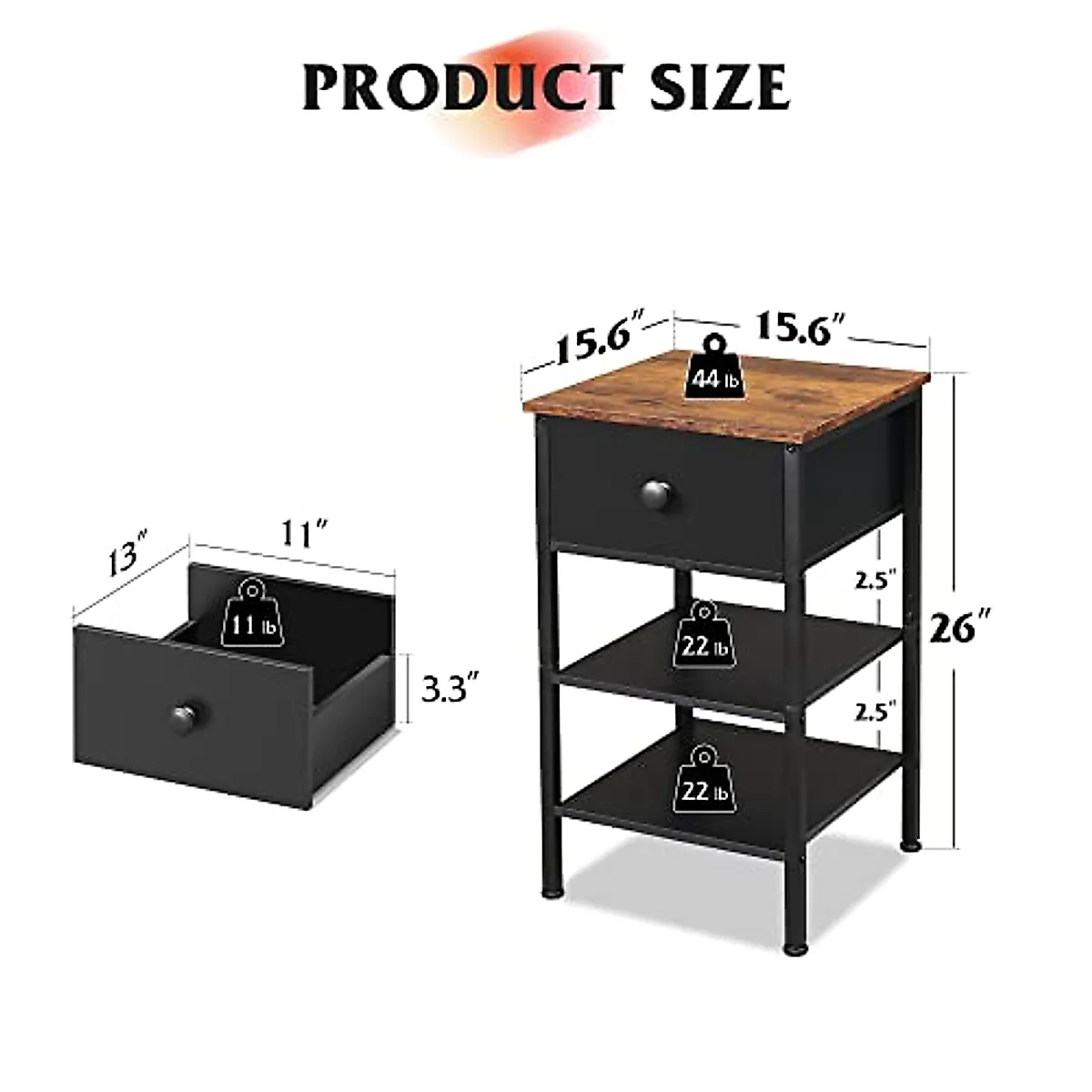 WLIVE Nightstands Set of 2, Bedside Tables with Adjustable Wooden Drawer, 3-Tier Night Stands for Couch, Bed, Sofa, End Table Side Table for Bedroom, Living Room, Black