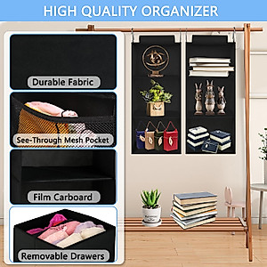 punemi 2 Pack 3-Shelf Hanging Closet Organizer and Storage, Hanging Closet Storage Organizer with Drawers, Foldable Hanging Shelves for Closet, Wardrob, 22.8" D x 11" W x 11" H, Black